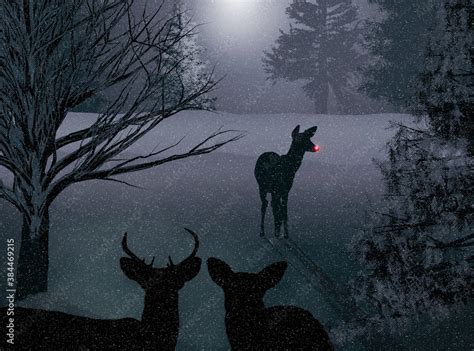 Wild Deer Are Seen At Night In The Moonlight On Snow In A Nature Winter