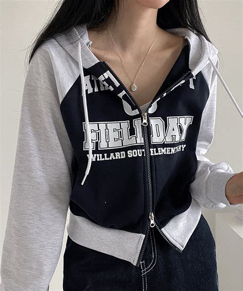 [y2k 집업 ] 빈티지 필드데이 나그랑 투웨이 배색 크롭 후드 집업 4color 에이블리