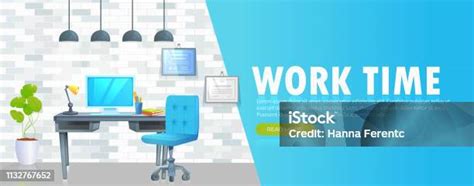Office 배너의 작업 시간입니다 직장 인테리어 디자인 벽에 컴퓨터와의 자 및 졸업장과 책상 벡터 만화 일러스트 레이 션