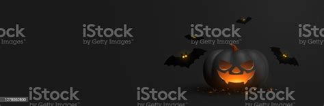 해피 할로윈 배너 무서운 미소와 비행 박쥐와 현실적인 3d 검은 호박과 축제 배경 수평 휴일 포스터 웹 사이트에 대한 헤더 벡터 일러스트레이션 할로윈에 대한 스톡 벡터 아트