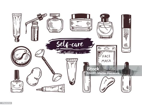 화장품 미용 자기 관리 요소의 손으로 그린 낙서 스케치 세트 미용실 화장품 매장 메이크업 디자인을 위한 일러스트레이션 새겨진 이미지 0명에 대한 스톡 벡터 아트 및 기타