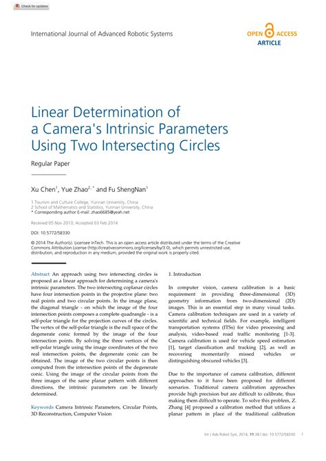 Pdf Linear Determination Of A Cameras Intrinsic Parameters Using Two Intersecting Circles