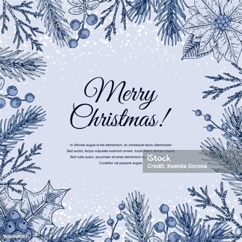 메리 크리스마스와 새해 복 많이 받으세요 블루 인사말 카드 손으로 그린 겨울 식물이있는 축제 배경 스케치 스타일의 빈티지 디자인 텍스트를 위한 공간 가문비나무에 대한 스톡