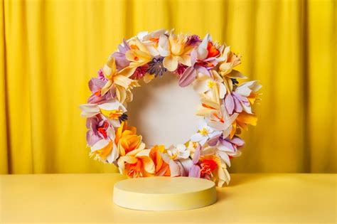 밝은 노란색 커튼 배경에 둥근 연단 받침대 프리미엄 사진