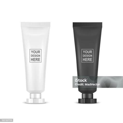 벡터 3d 현실적인 플라스틱 금속 흰색과 검은 치아 페이스트 크림 튜브 흰색 배경에 격리 포장 세트 치약의 디자인 템플릿 화장품 모형크림 전면 보기 3차원 형태에 대한 스톡