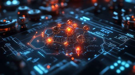 Digital Representation Of Chemical Synthesis With Glowing Molecules And Circuits Stock