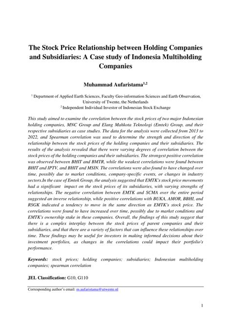 PDF The Stock Price Relationship Between Holding Companies And Subsidiaries A Case Study Of