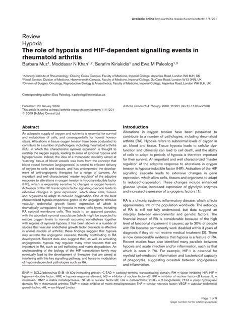 Pdf Hypoxia The Role Of Hypoxia And Hif Dependent Signalling Events