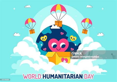 세계 인도주의의 날을 위한 벡터 일러스트레이션은 평평한 배경에 전 세계의 친절 행위 자선 활동 자원 봉사 활동 및 지역 사회 지원을 특징으로 합니다 8월에 대한 스톡 벡터