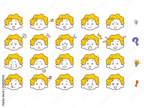 女性 顔 表情 アイコン セット 金髪パーマ Stock Vector Adobe Stock