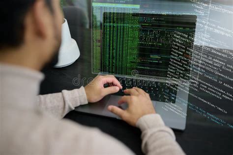 Programmer Man And Laptop Coding On Hologram Software Development Or