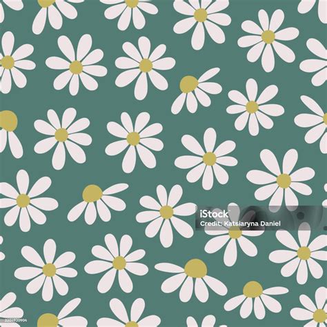빈티지 꽃 완벽 한 패턴입니다 녹색 배경에 귀여운 데이지 꽃 프린트입니다 카모마일 초원 꽃 손으로 그린 벡터 일러스트 레이 션 섬유 벽지 포장지 고풍스런에 대한 스톡 벡터