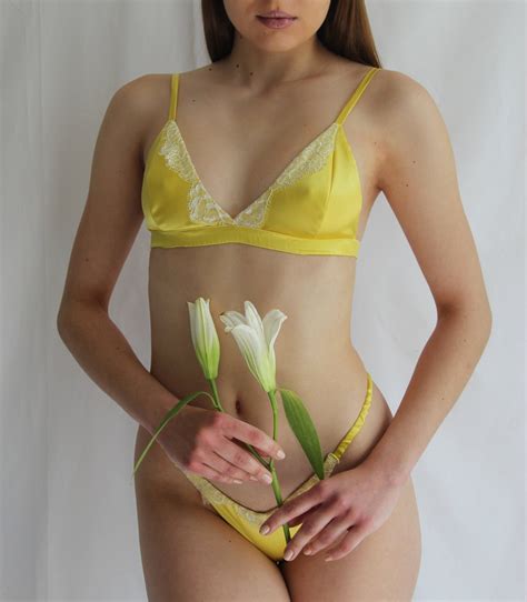 Yellow Silk Lace Lingerie Set Silk Bralette Thong Etsy