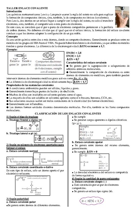 Taller Enlace Químico Covalente Para Secundaria Y Media Ciencias