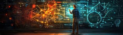Mystery Unraveling As Investigator Cracks Complex Code On Chalkboard Under Dim Lighting Stock