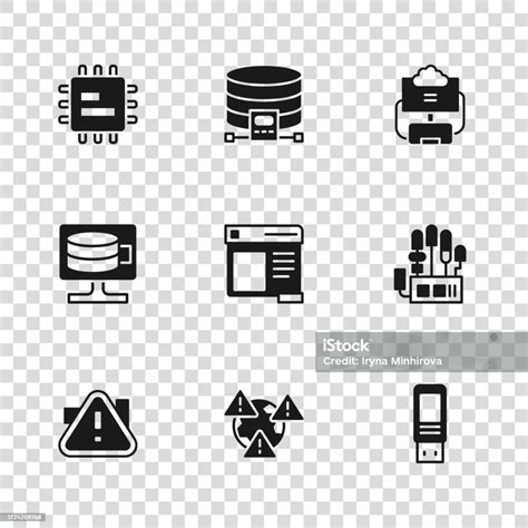 느낌표 기계식 로봇 손 Usb 플래시 드라이브 브라우저 창 클라우드 데이터베이스 프로세서 Cpu 및 아이콘으로 지구를 설정합니다
