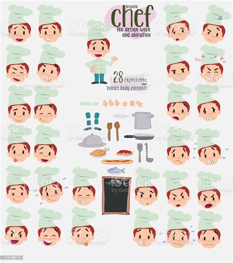 요리사입니다 20 8 식과 기본 바디 요소 디자인 작업 및 애니메이션에 대 한 템플릿 벡터 일러스트 격리를 재미 있는 만화 캐릭터입니다 그래프에 대한 스톡 벡터 아트 및
