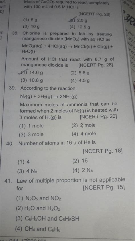 Mass Of Caco3 Required To React Completely With 100 Ml Of 0 5mhcl Is [nc