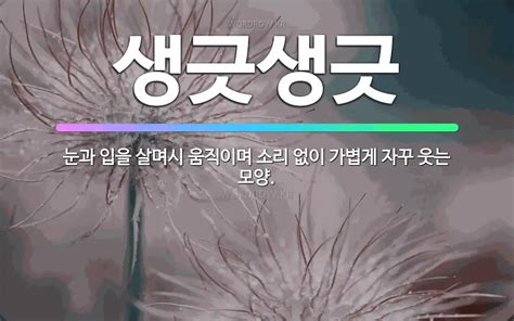 🌟생긋생긋 눈과 입을 살며시 움직이며 소리 없이 가볍게 자꾸 웃는 모양 표준국어대사전