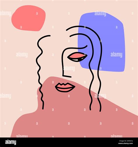 Middle Age Woman Face Line Art Female Portrait Cubism Style Hand Drawn Colorful Geometric