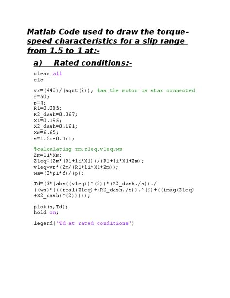 Doc Matlab Code Used To Draw The Torque Speed Characteristics For A Slip Range From 15 To 1 At