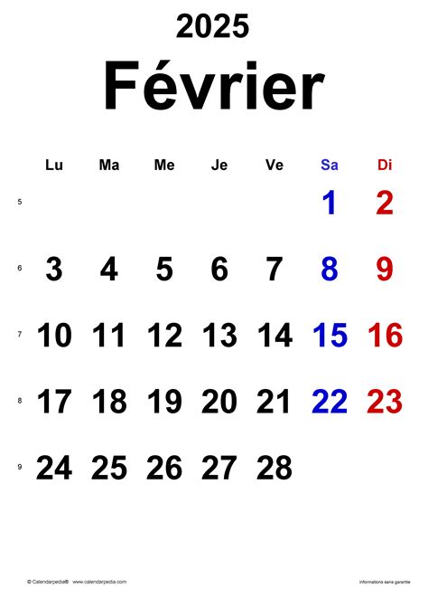 Calendrier Février 2025 Pdf Excel Et Word Calendarpedia