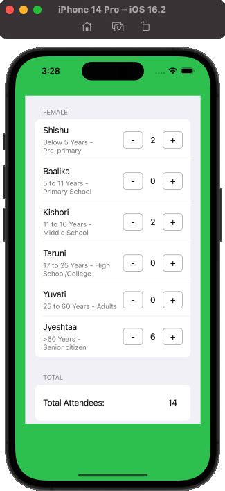 Ios How To Sum Total The Attendance Of Various Age Groups In Third Section Of Tableview Using