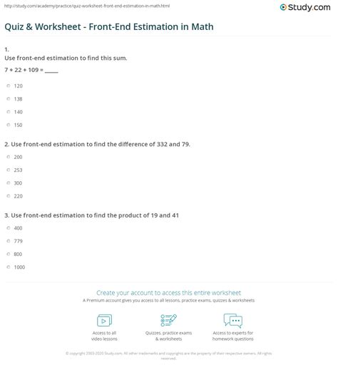 quiz and worksheet front end estimation in math