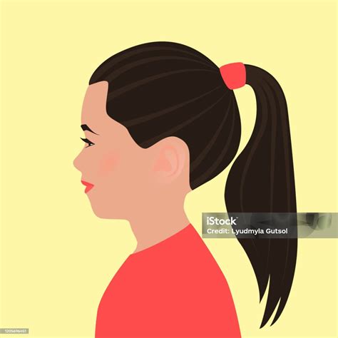 프로필에 젊은 예쁜 여자의 초상화입니다 아름다운 유럽 소녀의 머리입니다 긴 머리가 포니 테일로 당겼다 입술과 블라우스는 빨간색입니다 소셜 미디어 아바타 플랫 벡터 그림입니다