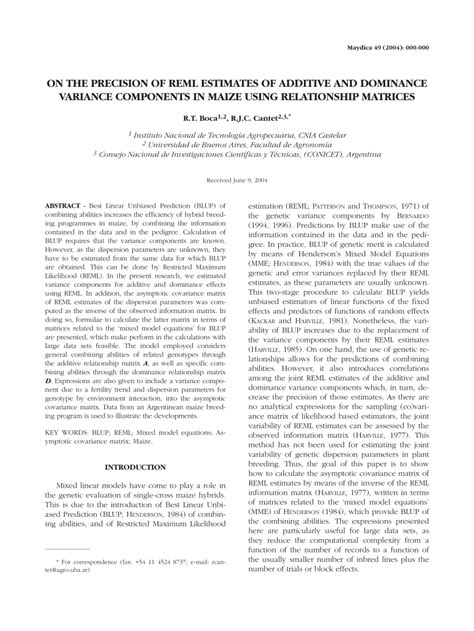 pdf on the precision of reml estimates of additive and dominance variance components in maize