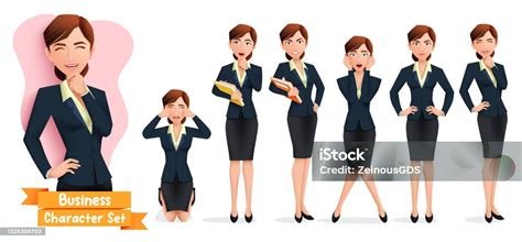 비즈니스 우먼 문자 벡터 세트입니다 여성 직원 컬렉션 디자인을 위한 자세 사고 무릎을 꿇고 포즈를 취하고 제스처를 취하는