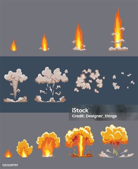 연기와 만화 폭발 효과 만화 붐 효과 폭발 플래시 폭탄 만화 벡터 일러스트 효과 애니메이션을 분해합니다 만화 강타 폭발 프레임 게임용 애니메이션 프레임 0명에 대한 스톡