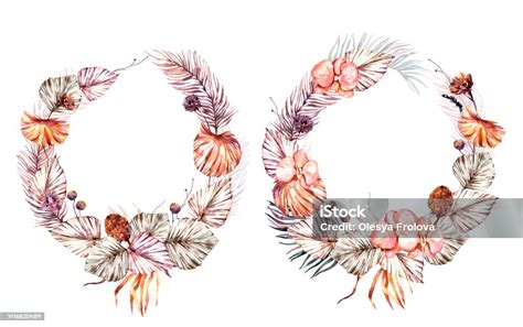 수채화 여름 초대장 손으로 그린 열대 말린 야자 잎 보라색 잎의 가지로 화환 로맨틱 한 꽃다발은 결혼식 인사말 카드 초대장 등에 적합합니다 0명에 대한 스톡 벡터 아트 및