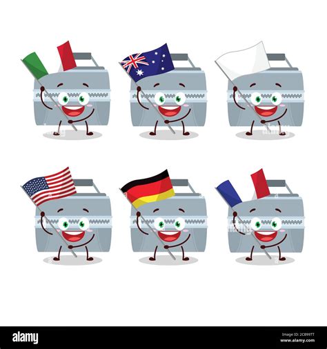 Grey Lunch Box Cartoon Character Bring The Flags Of Various Countries