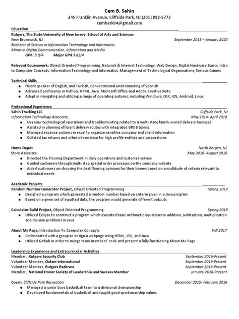 Cem Sahin Resume Fall 2019 Pdf Java Programming Language