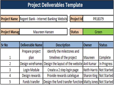 Project Deliverables Template Project Deliverables Template