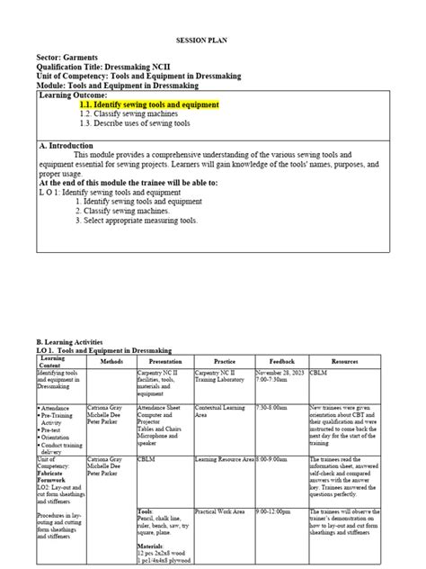3 Training Activity Matrix Pdf Sewing Learning