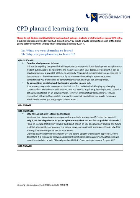 Cpd Planned Learning Form Template Cpd Planned Learning Form Please Do Not Disclose