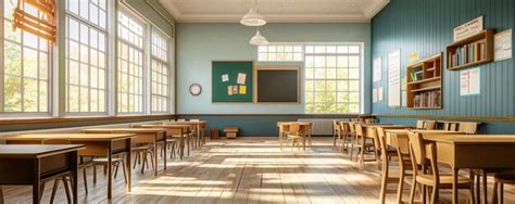 Empty Classroom Interior Bathed In Warm Sunlight Premium Ai Generated