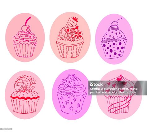 원 세트의 벡터 핑크 컵케이크 흰색 배경에 손 그리기 음식 낙서 그림 베이커리 로고 결혼 초대장 프린트 디자인라인 아트 과일에 대한 스톡 벡터 아트 및 기타 이미지 Istock