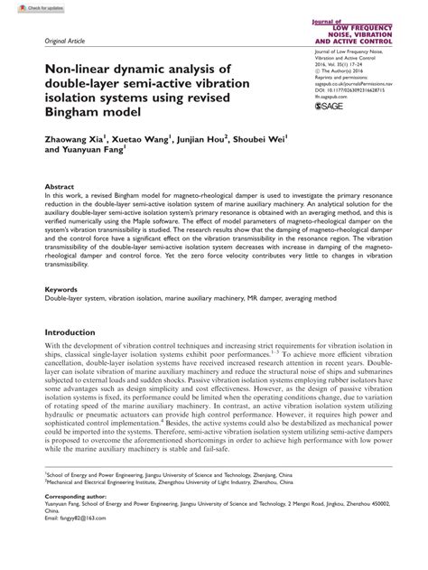 Pdf Non Linear Dynamic Analysis Of Double Layer Semi Active Vibration Isolation Systems Using