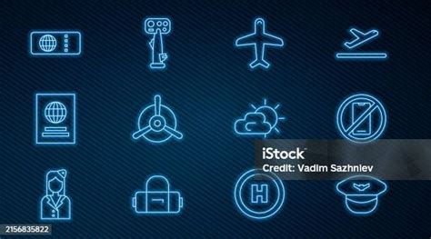 라인 파일럿 모자 아니 휴대 전화 비행기 프로펠러 여권 항공권 태양과 구름 날씨 및 항공기 스티어링 조타 아이콘을 설정합니다 벡터 0명에 대한 스톡 벡터 아트 및 기타