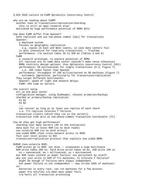 6824 2020 Lecture 14 Farm Optimistic Concurrency Pdf Computer Science Computer Data