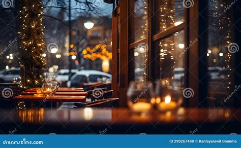restaurant ambient with blurred background view outside windows stock