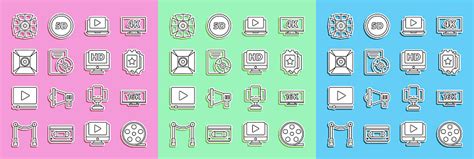 세트 라인 필름 릴 16k 스크린 Tv 시네마 티켓 온라인 재생 비디오 Cd 또는 Dvd 디스크 영화 스포트라이트 및 모니터 Hd 아이콘 벡터 가상현실에 대한 스톡 벡터