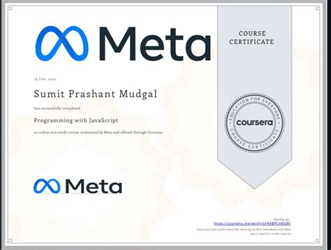Earned Meta Programming With Javascript Certificate Sumit Mudgal