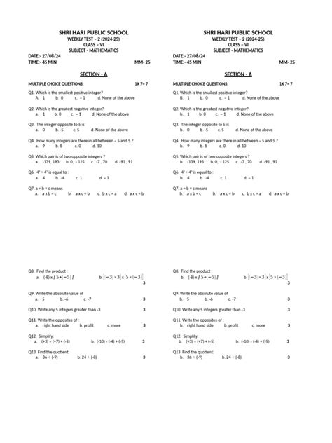 Class 6 Maths Weekly Test 2 Pdf