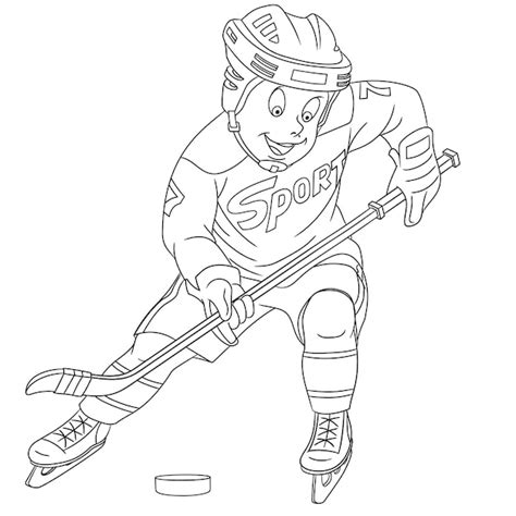 아이스하키를 하는 귀여운 소년 아이들을 위한 만화 색칠 공부 페이지입니다 프리미엄 벡터