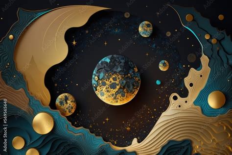 Abstract Cosmic Background With Inlay Of Marbled Textures And Gold Metallic Foil Sacred