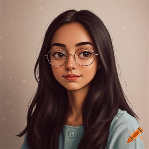Stylized Illustration Of A Girl With Curly Dark Hair Glasses And Blue
